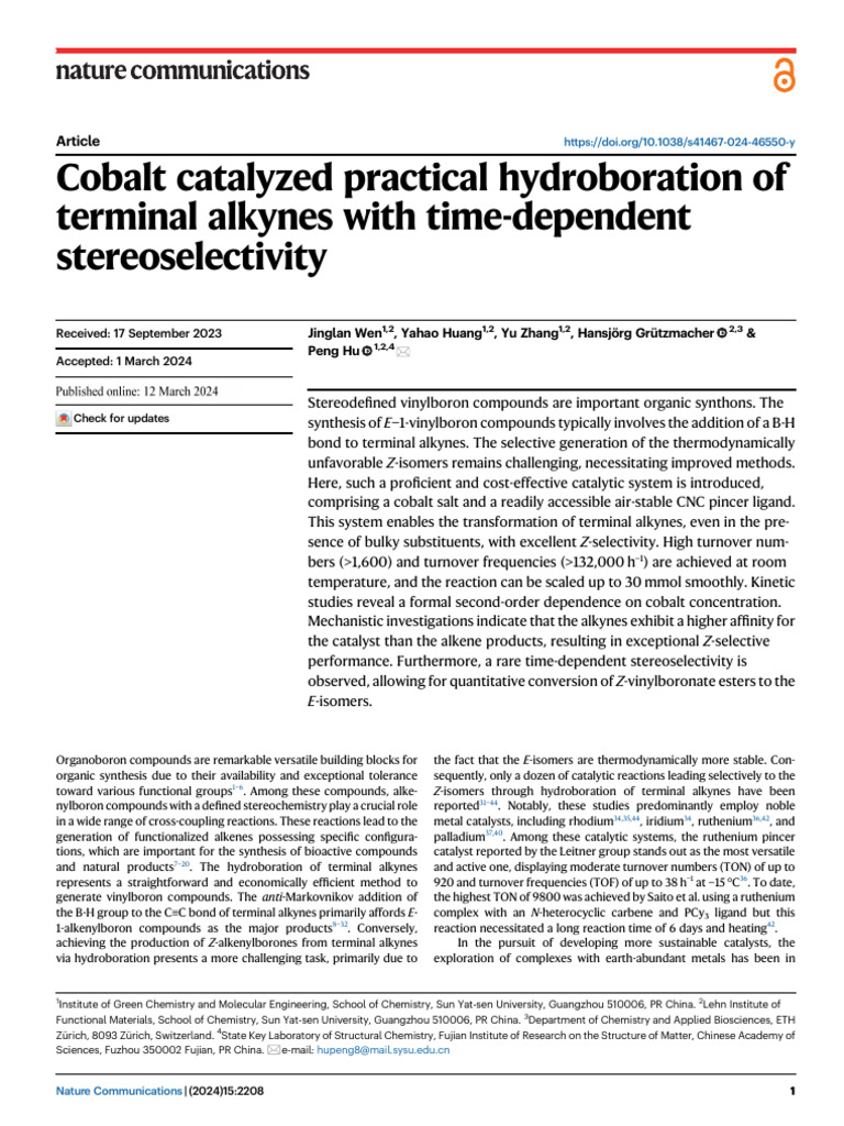 Cobalt Catalyzed Practical Hydroboration of Terminal Alkynes With Time ...