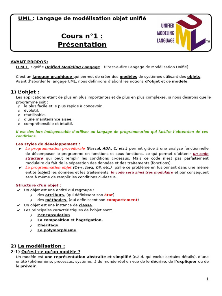 CoursUML1 Presentation | PDF | Programmation orientée objet | Langage de Modélisation Unifié