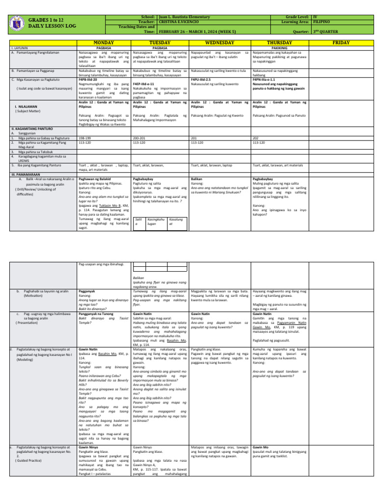 DLL - Filipino 4 - Q3 - W5 | PDF