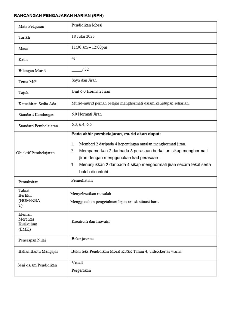 Rancangan Pengajaran Harian (RPH) | PDF