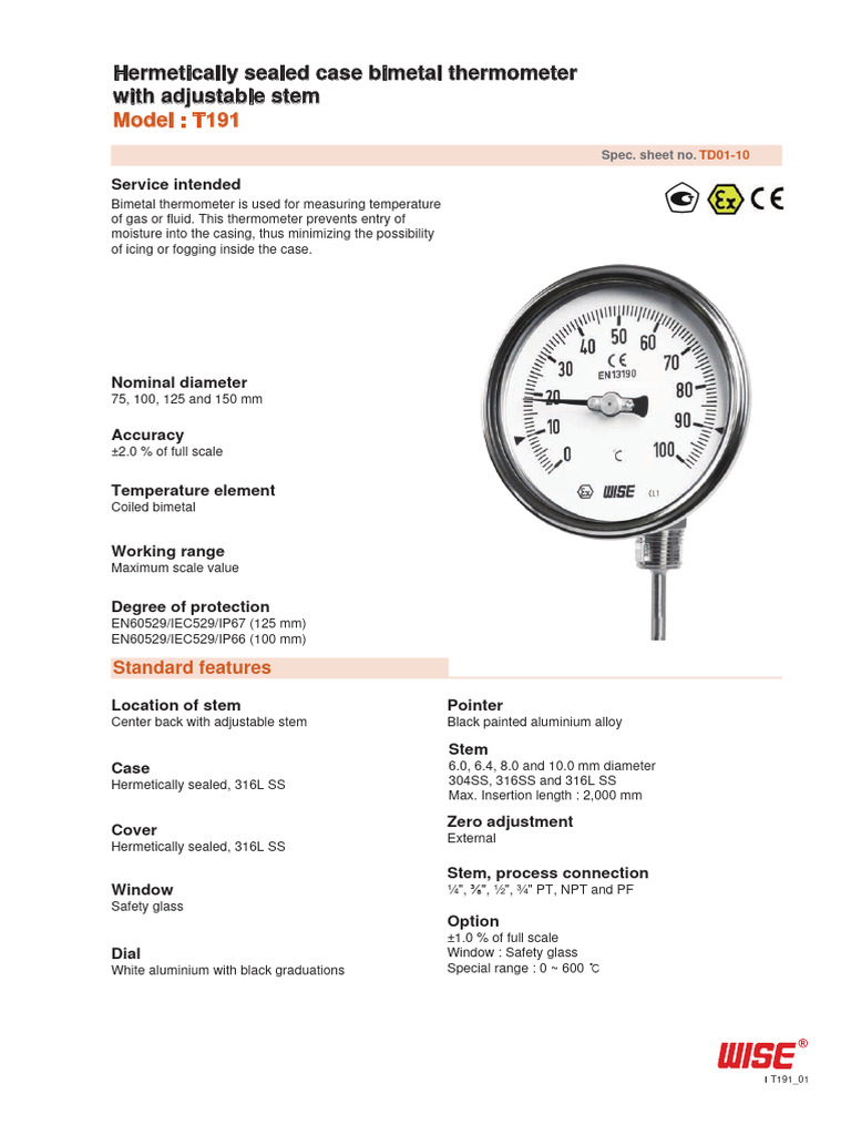 Model: T191: Hermetically Sealed Case Bimetal Thermometer With ...