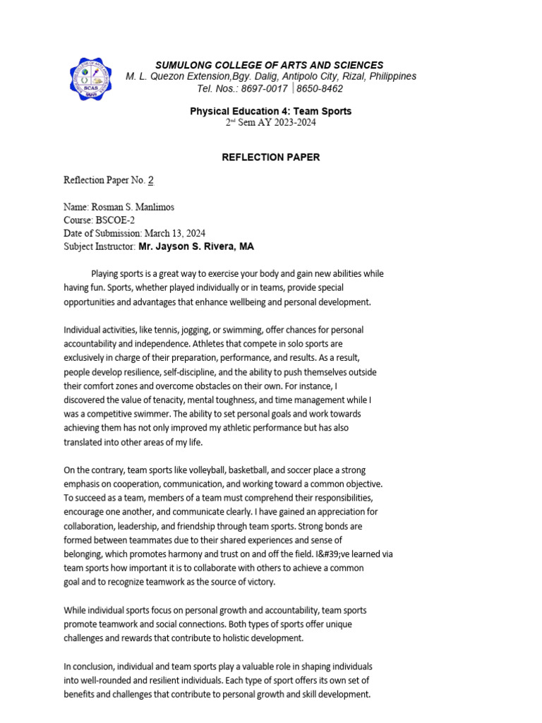Reflection on Team vs. Individual Sports | PDF | Sports ...
