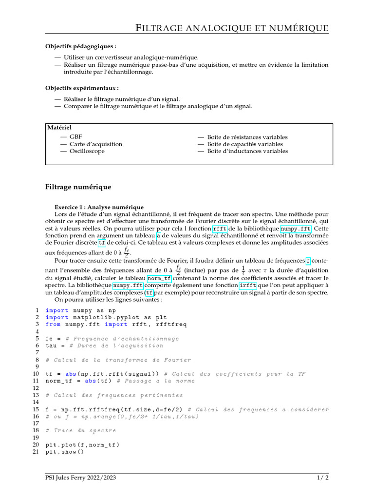 Filtrage Analogique et Numérique en Signalisation | PDF | Filtre ...