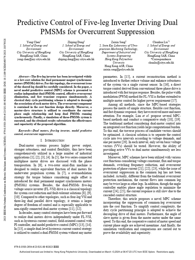 Predictive Control of Five-Leg Inverter Driving Dual PMSMs For ... Predictive Control of Five-Leg Inverter Driving Dual PMSMs For ...