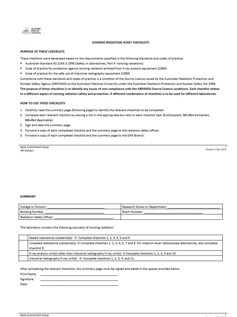 Ionizing Radiation Audit Checklist | PDF | Ionizing Radiation ...