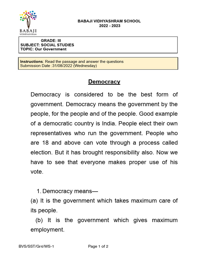 Worksheet 4 - Grade-3 - Our Government | PDF