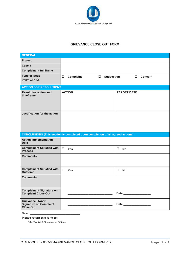 Ctgir Qhse Doc 034 Grievance Close Out Form V02 | PDF | Business