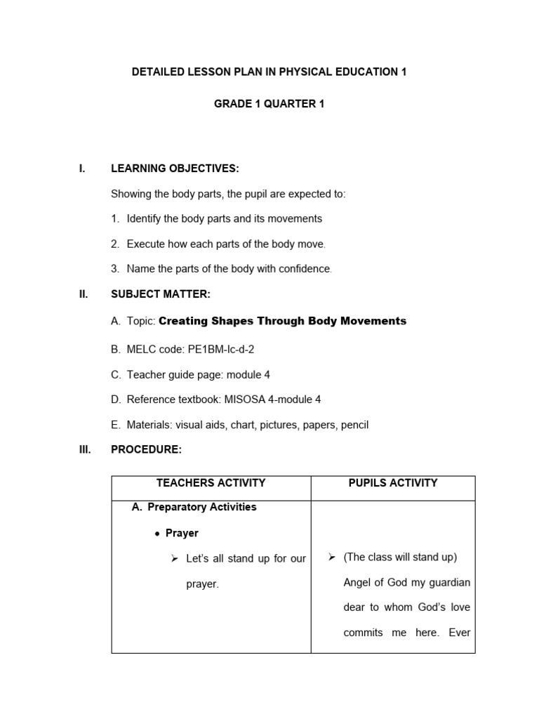DETAILED LESSON PLAN IN PHYSICAL EDUCATION 1 | PDF | Shoulder | Human ...