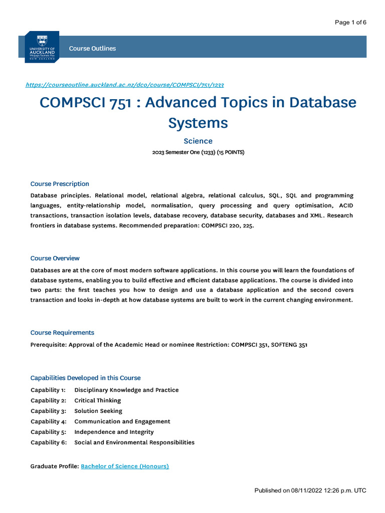 COMPSCI 751 - 2023 Semester One - Advanced Topics in Database | PDF | Databases | Relational ...