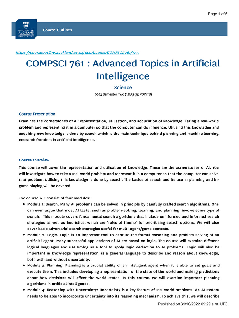 COMPSCI 761 - 2023 Semester Two - Advanced Topics in Artificial Intelligence | PDF | Artificial ...
