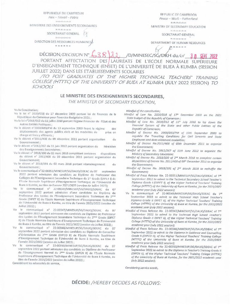 Affectation ENSET Kumba 30 09 2022 | PDF