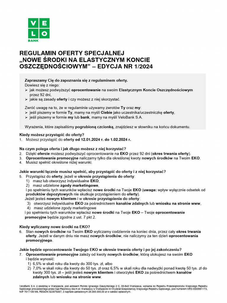 Regulamin Oferty Specjalnej Nowe Środki Na Elastycznym Koncie Oszczędnościowym" - Edycja NR 1/ ...