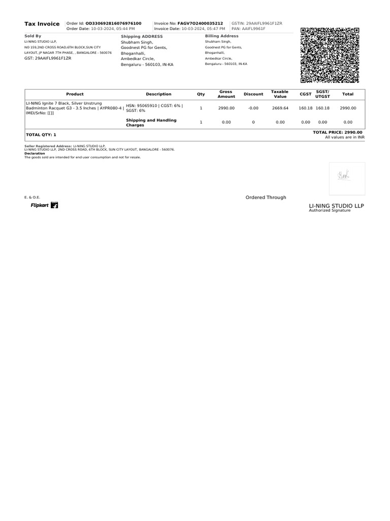 Tax Invoice for LI-NING Badminton Racquet | PDF | Taxation | Public Law
