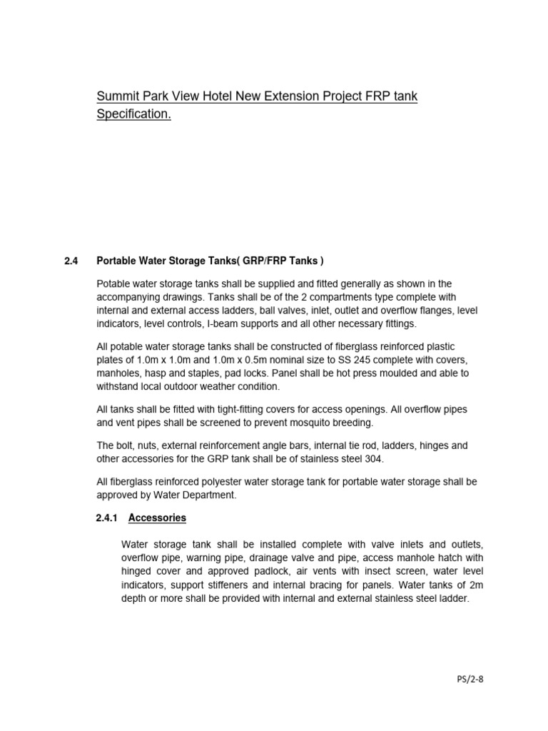 FRP Tank Specification. | PDF | Pipe (Fluid Conveyance) | Valve