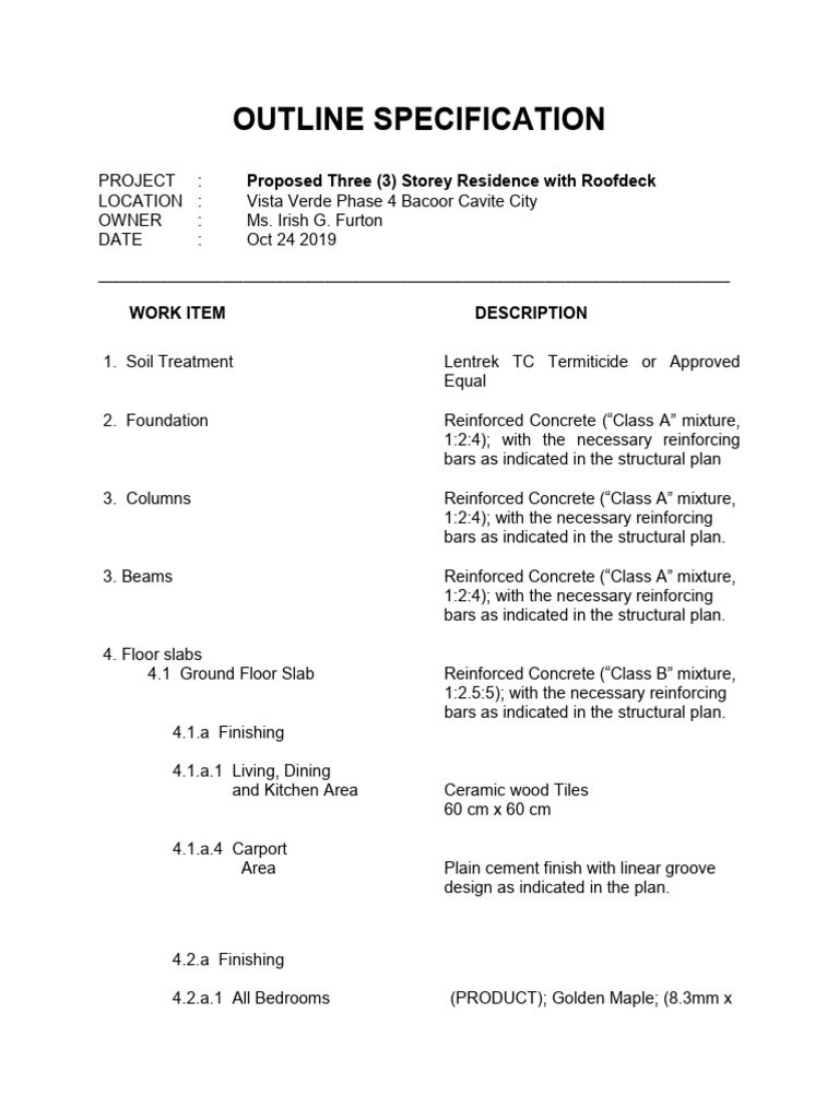 OUTLINE SPECIFICATION 279sqm | PDF | Door | Concrete