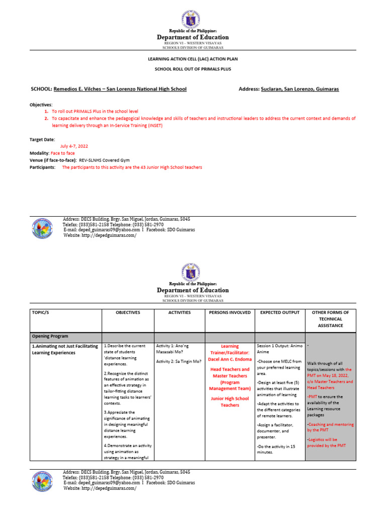 School Lac Plan Primals Plus. | PDF | Instructional Design ...
