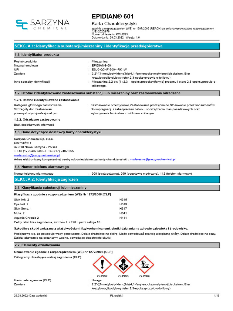 EPIDIAN® 601: Karta Charakterystyki | PDF