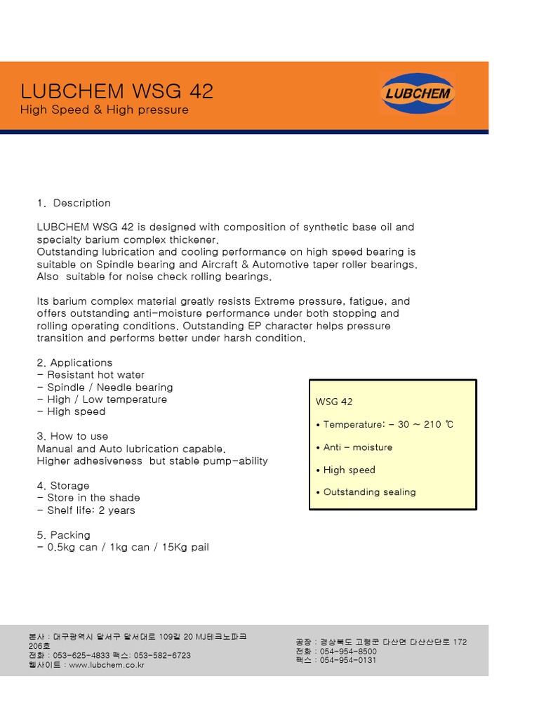 Lubchem WSG 42 (Barium Complex Thickener + Synthetic Base Oil For High Speed Bearings) | PDF ...
