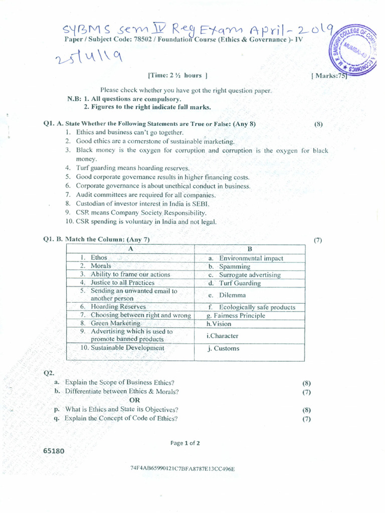 SYBMS SEM IV Ethics & Governance IV 2019 Apr | PDF