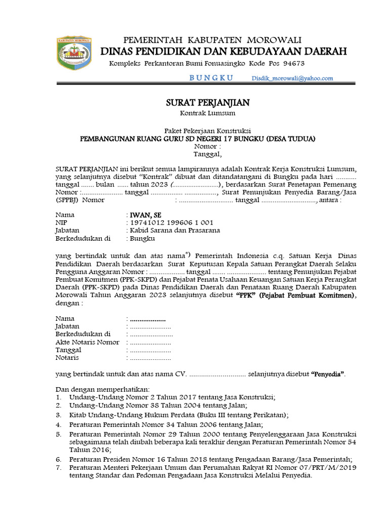 DRAF KONTRAK SPBJ Dan SPMK TENDER KONSTRUKSI PEMBANGUNAN RUANG GURU SD NEGERI 17 BUNGKU DESA ...