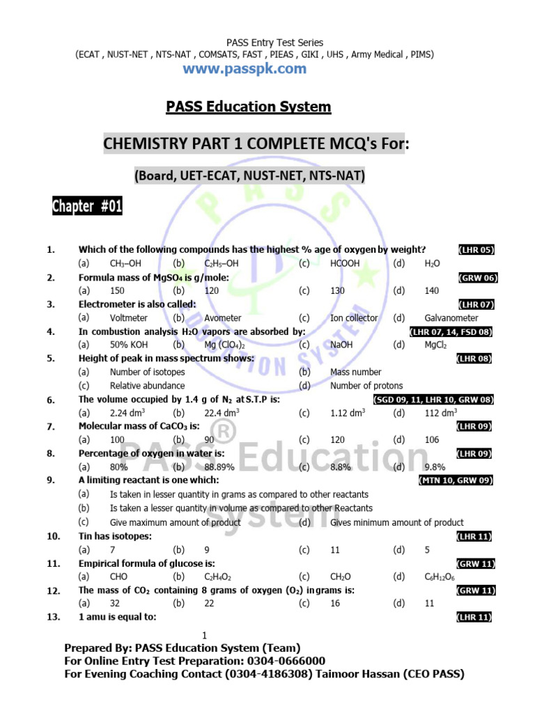 Chemistry Part 1 Full Book MCQs | PDF | Chromatography | Intermolecular Force