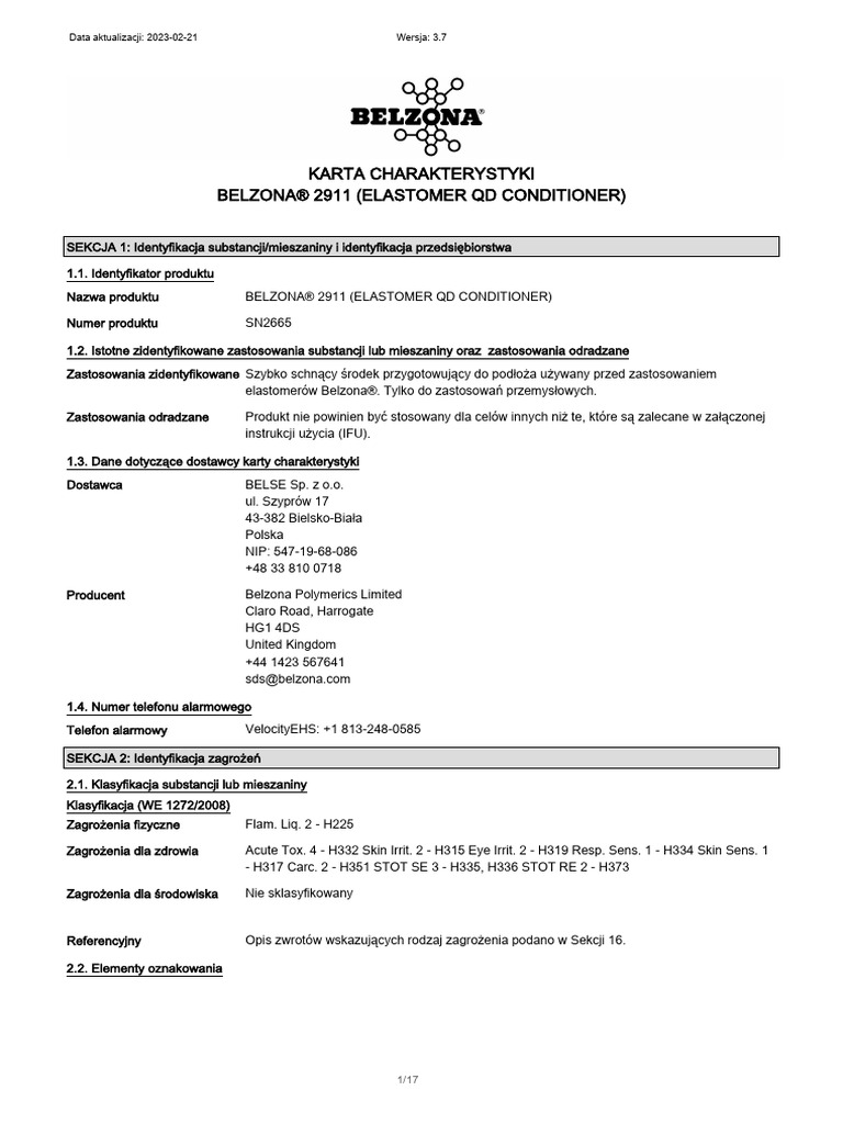 Karta Charakterystyki Belzona® 2911 (Elastomer QD Conditioner) | PDF