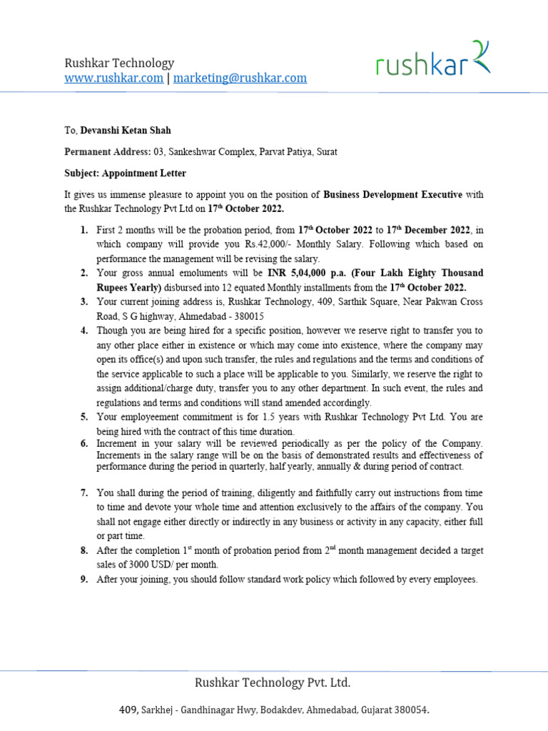 Devanshi Shah Offer Letter | PDF | Business Law | Private Law