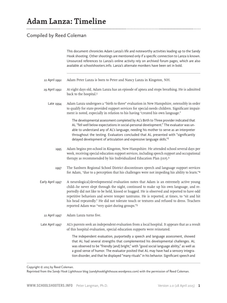Lanza Timeline 2.0 | PDF | Sandy Hook Elementary School Shooting | Mental Disorder