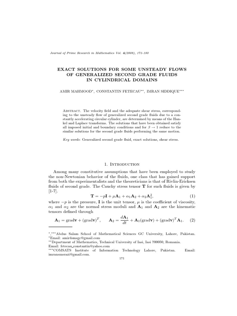 Exact Solutions For Some Unsteady Flows of Generalized Second Grade Fluids in Cylindrical ...