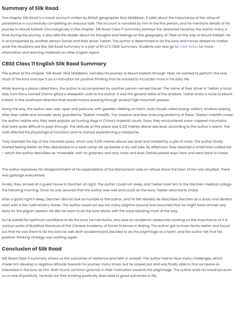 Silk Road Summary Class 11 English CBSE | PDF