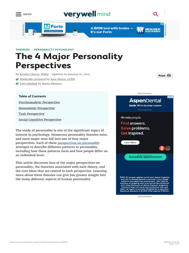 The 4 Major Personality Perspectives and Theories | PDF | Humanistic ...