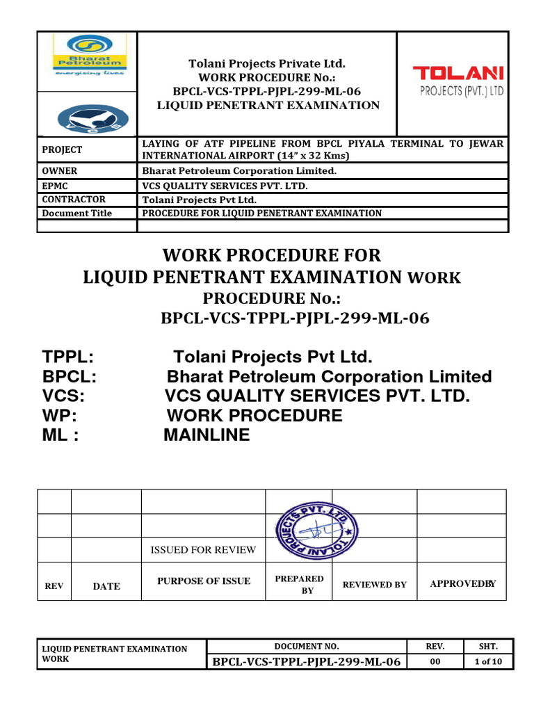Ml-06 Work Procedure for Liquid Penetrant Examination | PDF | Materials ...