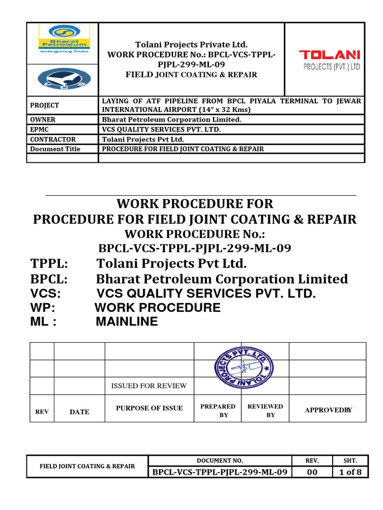 Field Joint Coating Procedure for ATF Pipeline | PDF | Pipe (Fluid ...