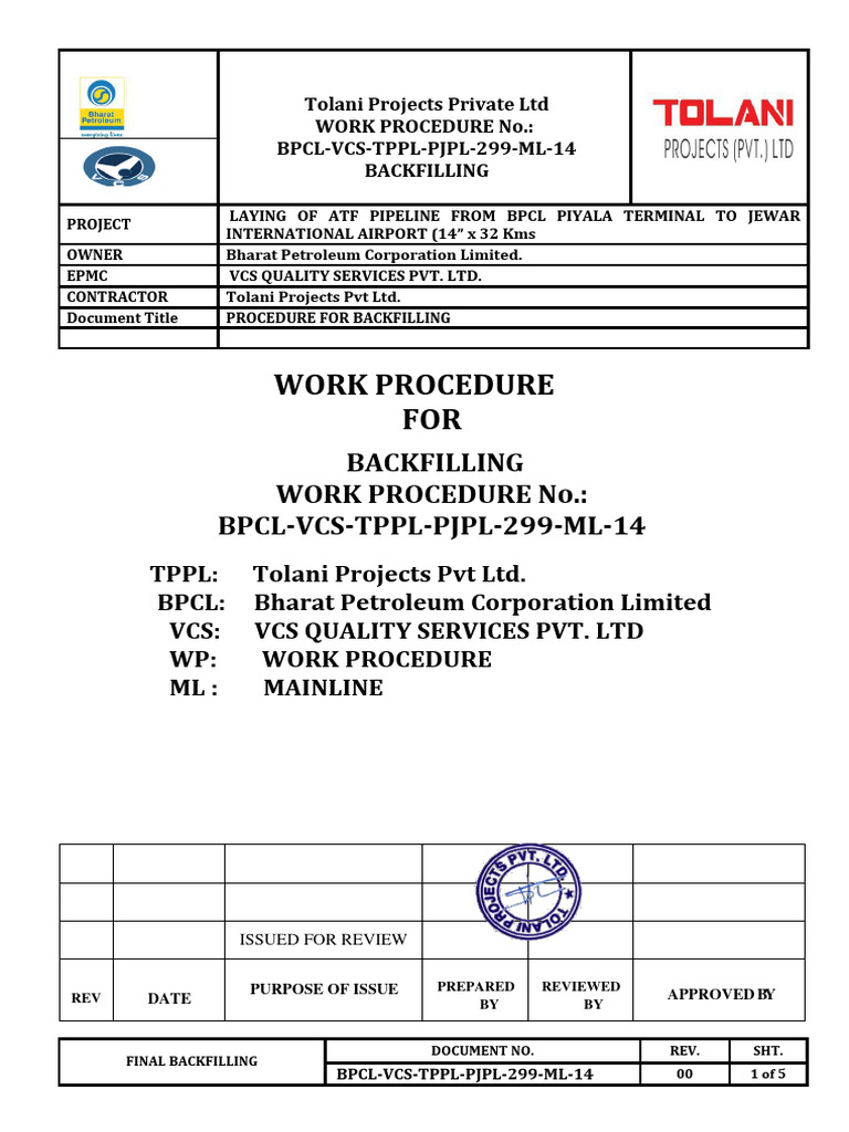 Ml-14 Work Procedure For Backfilling | PDF | Pipeline Transport | Pipe (Fluid Conveyance)