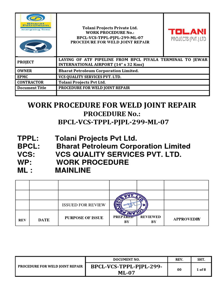 BPCL Piyala Weld Joint Repair Procedure | PDF | Welding | Construction