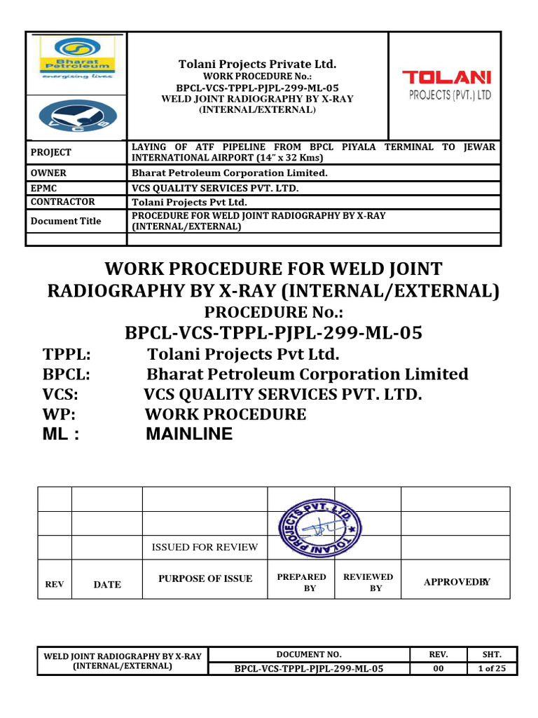 Ml-05 Work Procedure For Weld Joint Radiography | PDF | Radiography | X Ray