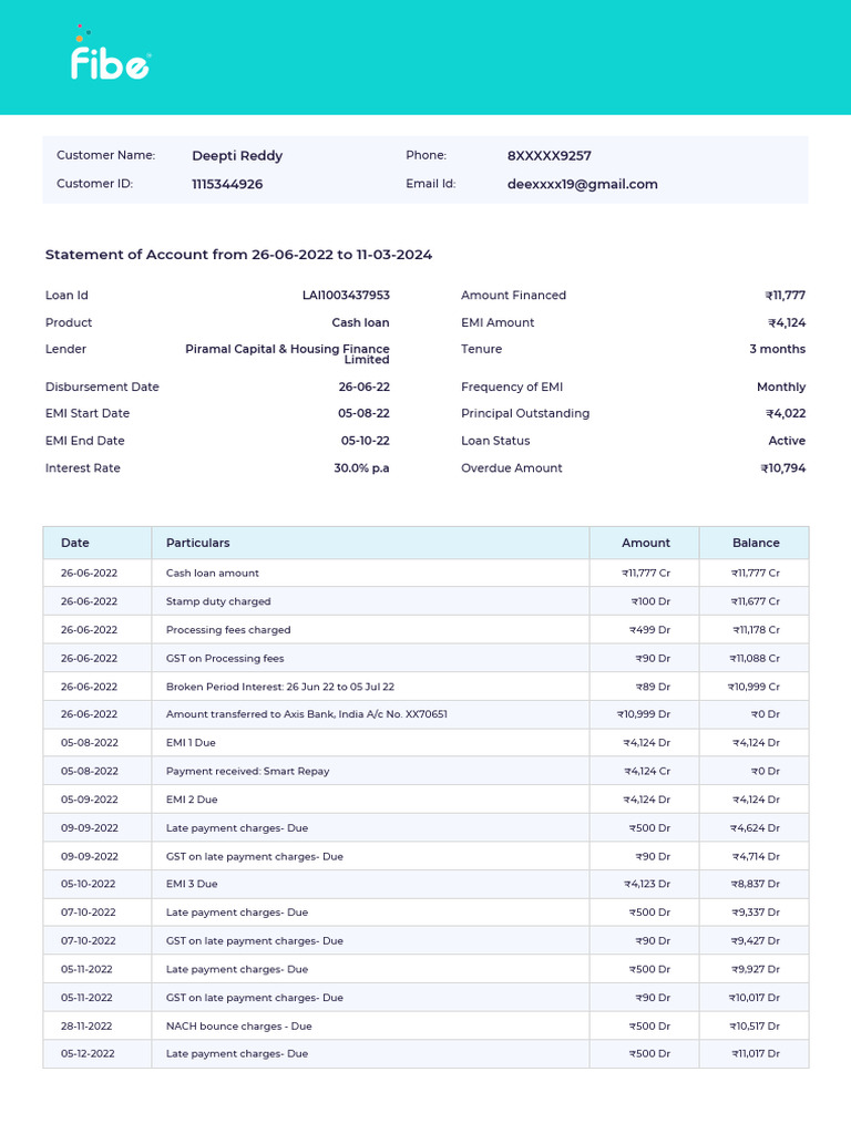Statement of Account From 26-06-2022 To 11-03-2024: Deepti Reddy ...