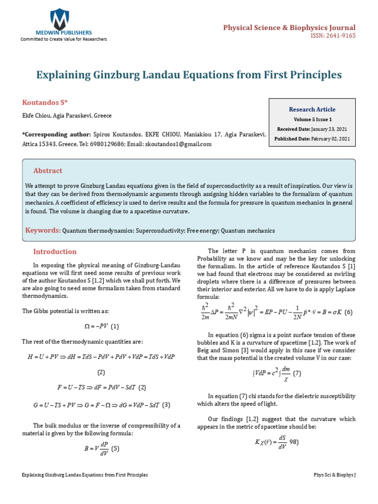 Explaining Ginzburg Landau Equations From First Principles | PDF ...