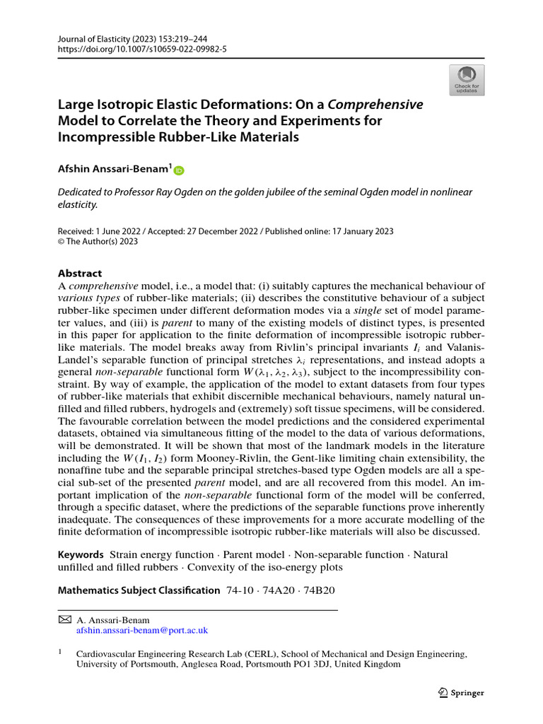 Large Isotropic Elastic Deformations On A Comprehensive Model To ...