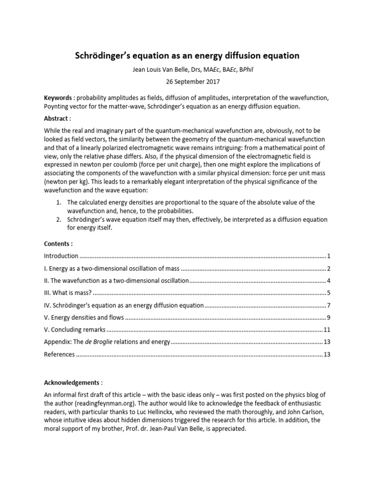Schrödinger's Equation As An Energy Diffusion Equation | PDF | Wave Function | Waves