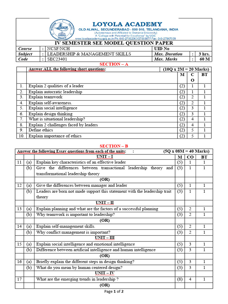 Sec 23401 Leadership & Management Skills NCSF and NCH Sem End Model QP 2024 | Download Free PDF ...
