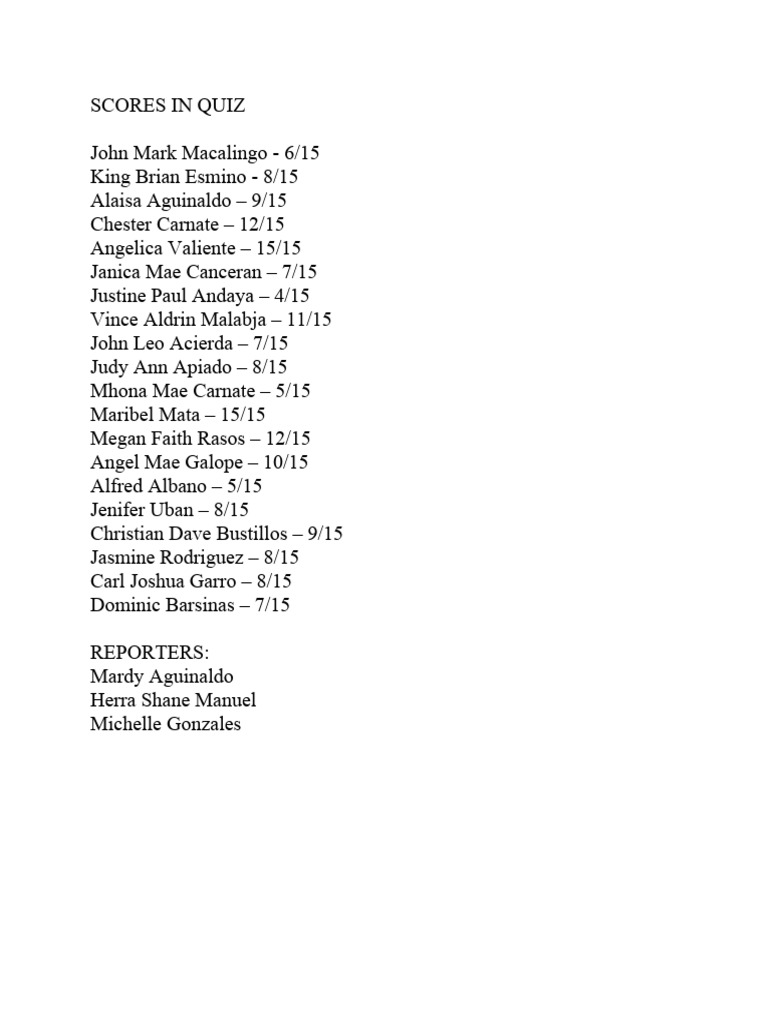 Scores in Quiz | PDF