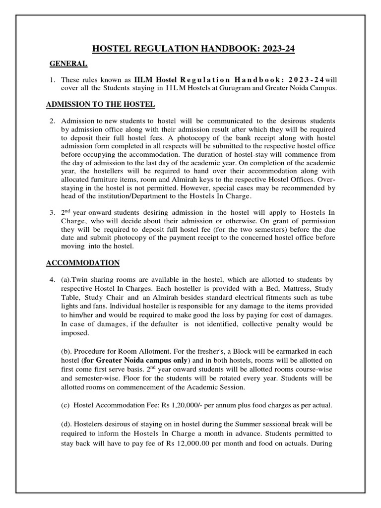 Hostel Regulation Handbook Academic Session 2023 24 | PDF | Cafeteria | Restaurants
