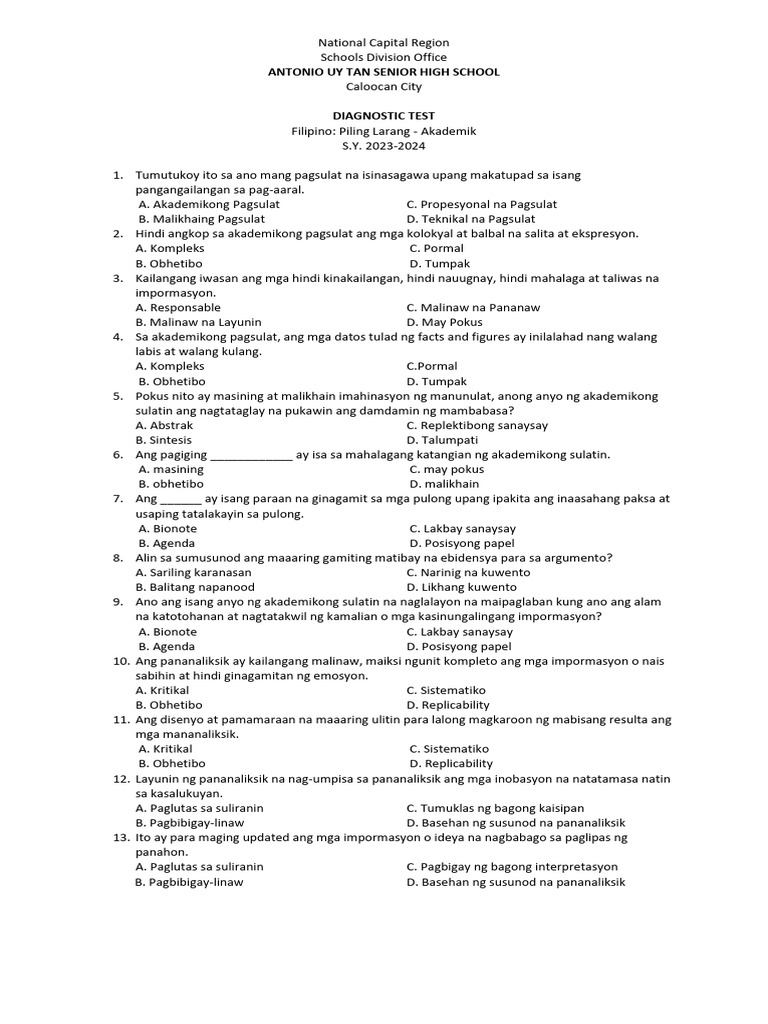 Filipino Akademik - Diagnostic Test | PDF