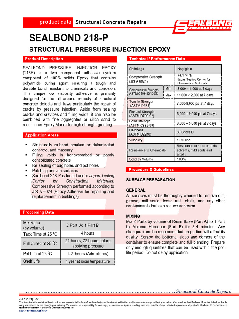 Sealbond 218 P Pressure Injection Epoxy | PDF | Concrete | Epoxy