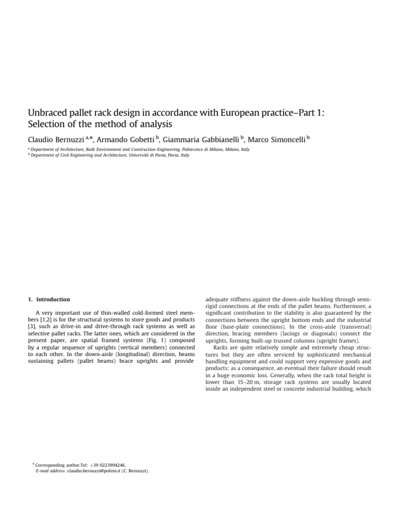 Unbraced Pallet Rack Design in Accordance With European Practice-Part 1 ...