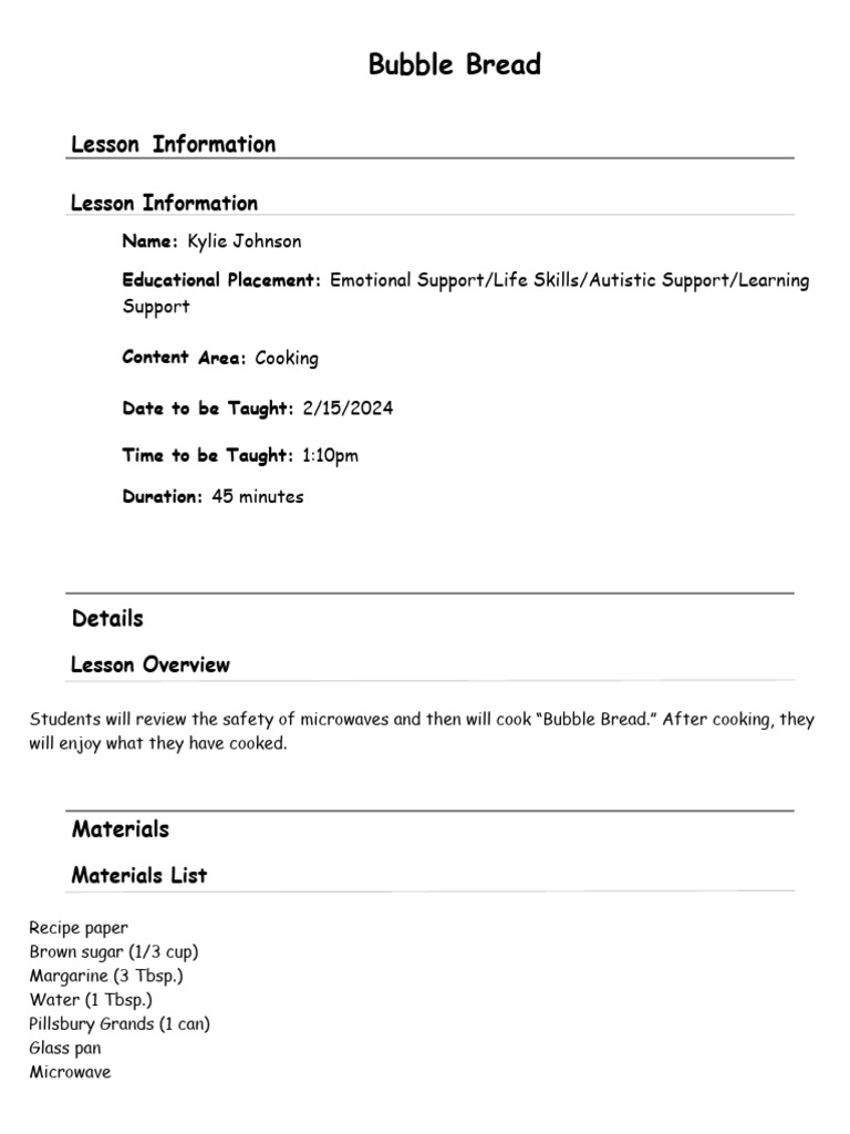 final bubble bread lesson plan | PDF | Teachers