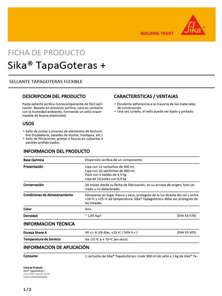 Sika Tapagoteras Plus | PDF | Química | Ciencias fisicas