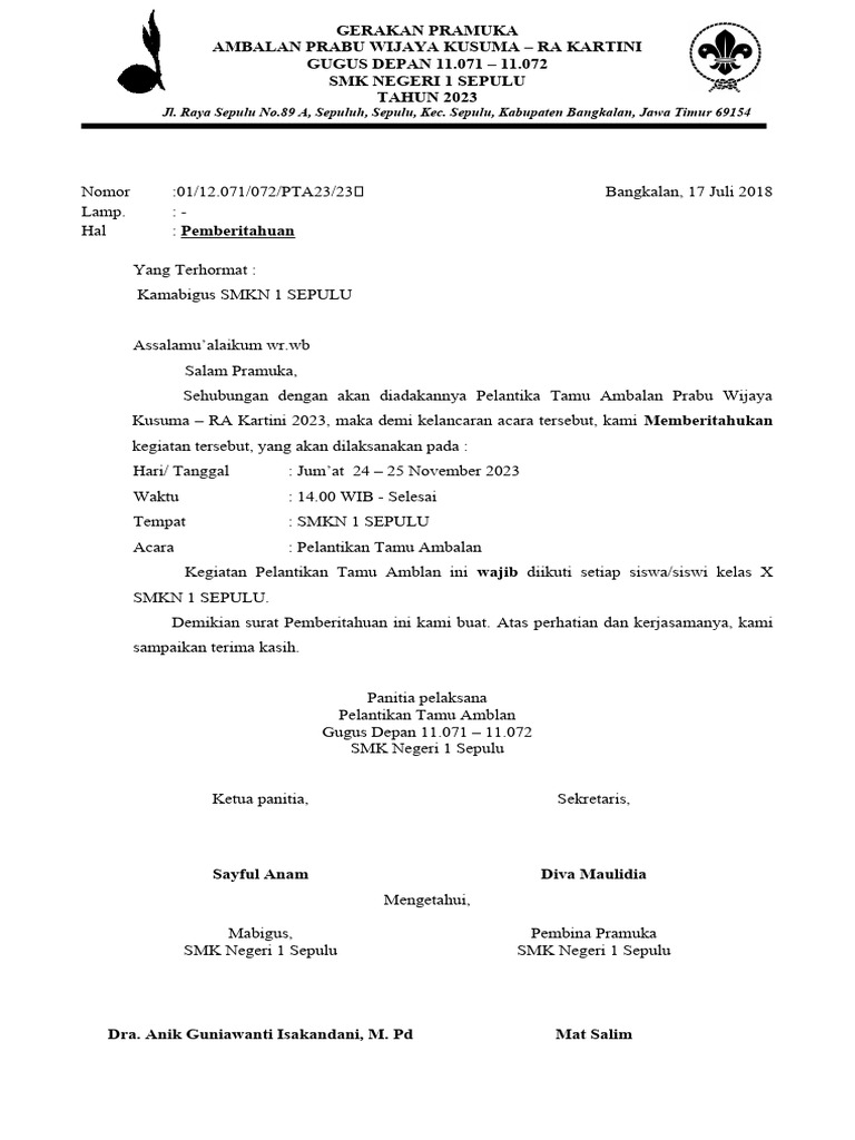 Contoh Surat Pemberitahuan Kegiatan Pramuka | PDF