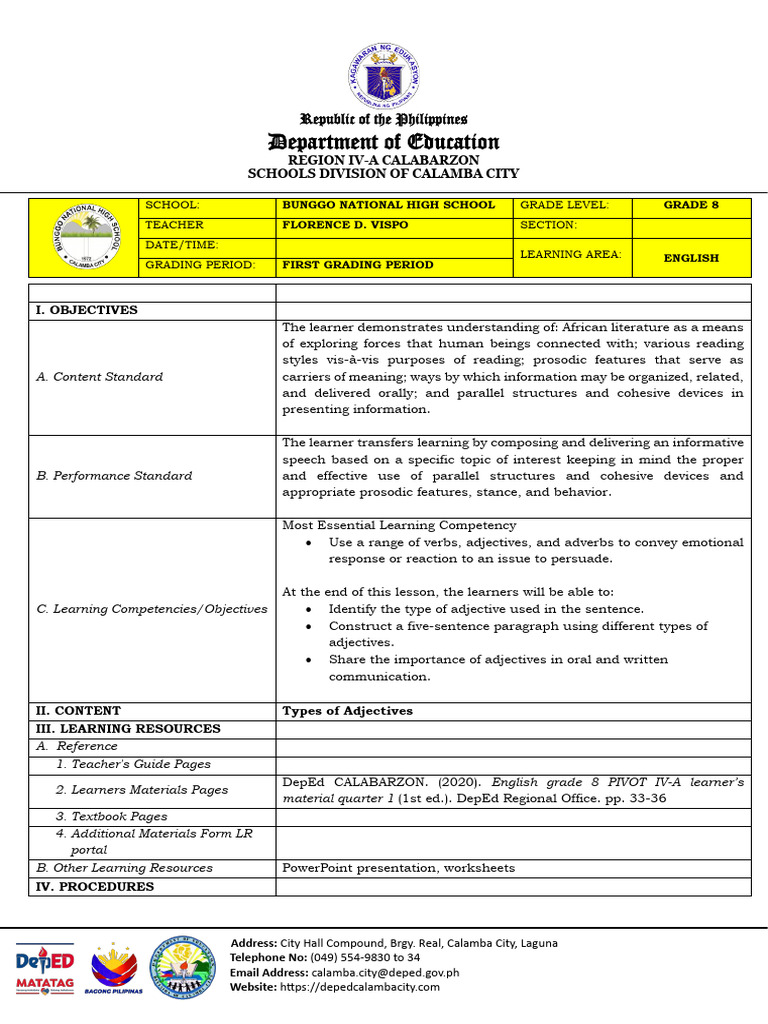 Grade 8 English Adjective Lesson Plan | PDF | Learning | Noun